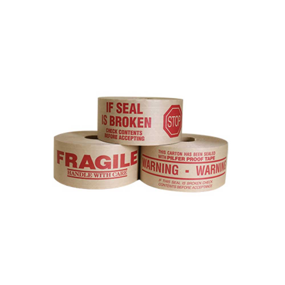 WARNING Reinforced Paper 6 Mil, 3'' x 450' Red/Kraft Tape - The Box Station